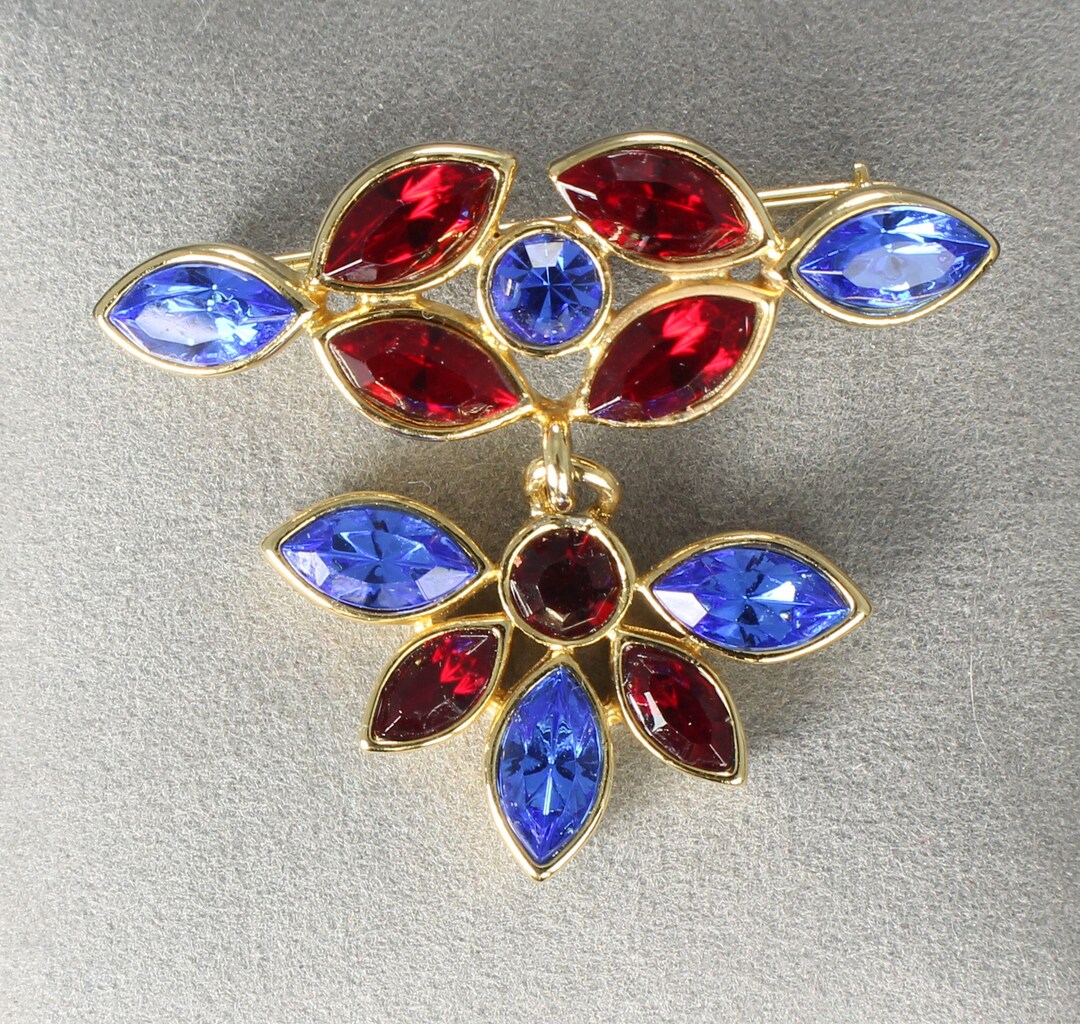 Blue Red Rhinestone Gold Dangle Brooch - Etsy