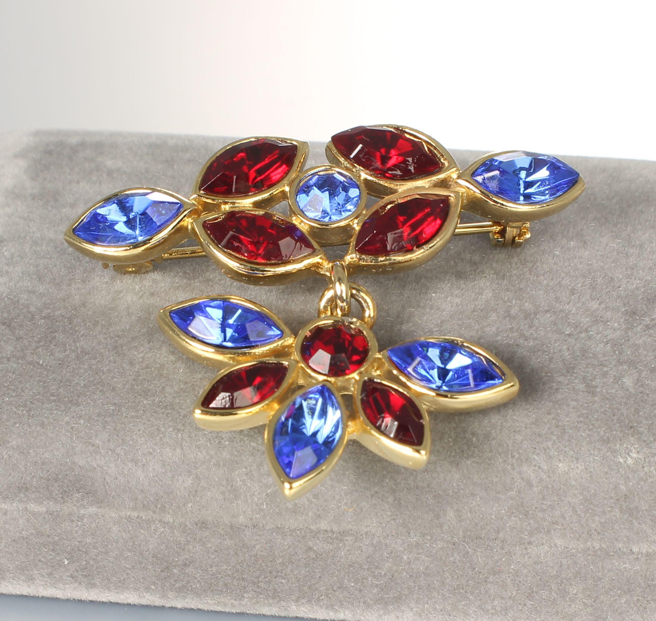 Blue Red Rhinestone Gold Dangle Brooch - Etsy