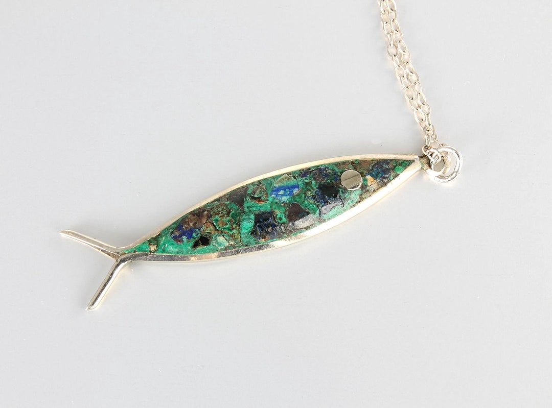 Minimalist Sterling Silver Fish Necklace, Crushed Turquoise, Azurite ...