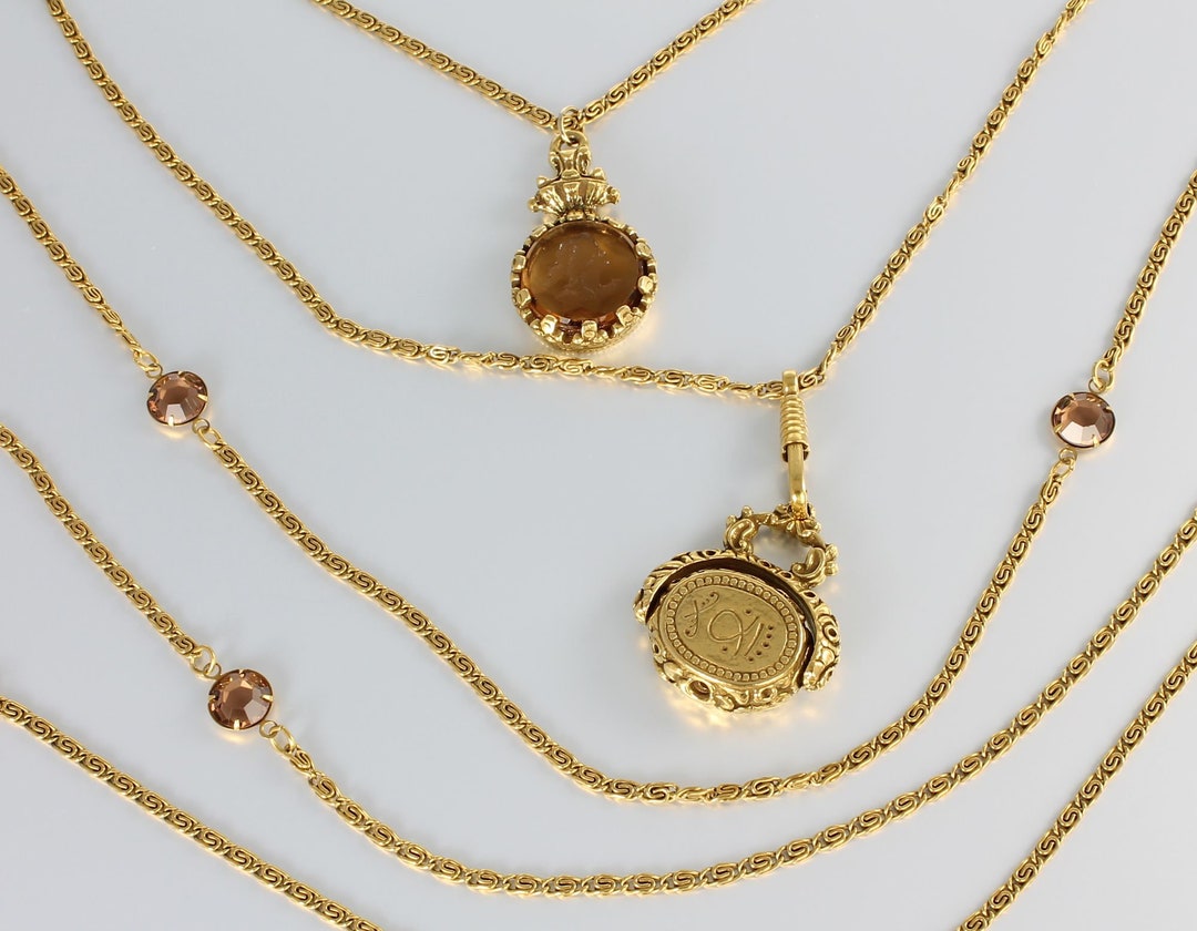 Victorian Goldette Intaglio Cameo Necklace, Fob Pendant, Five Strand ...