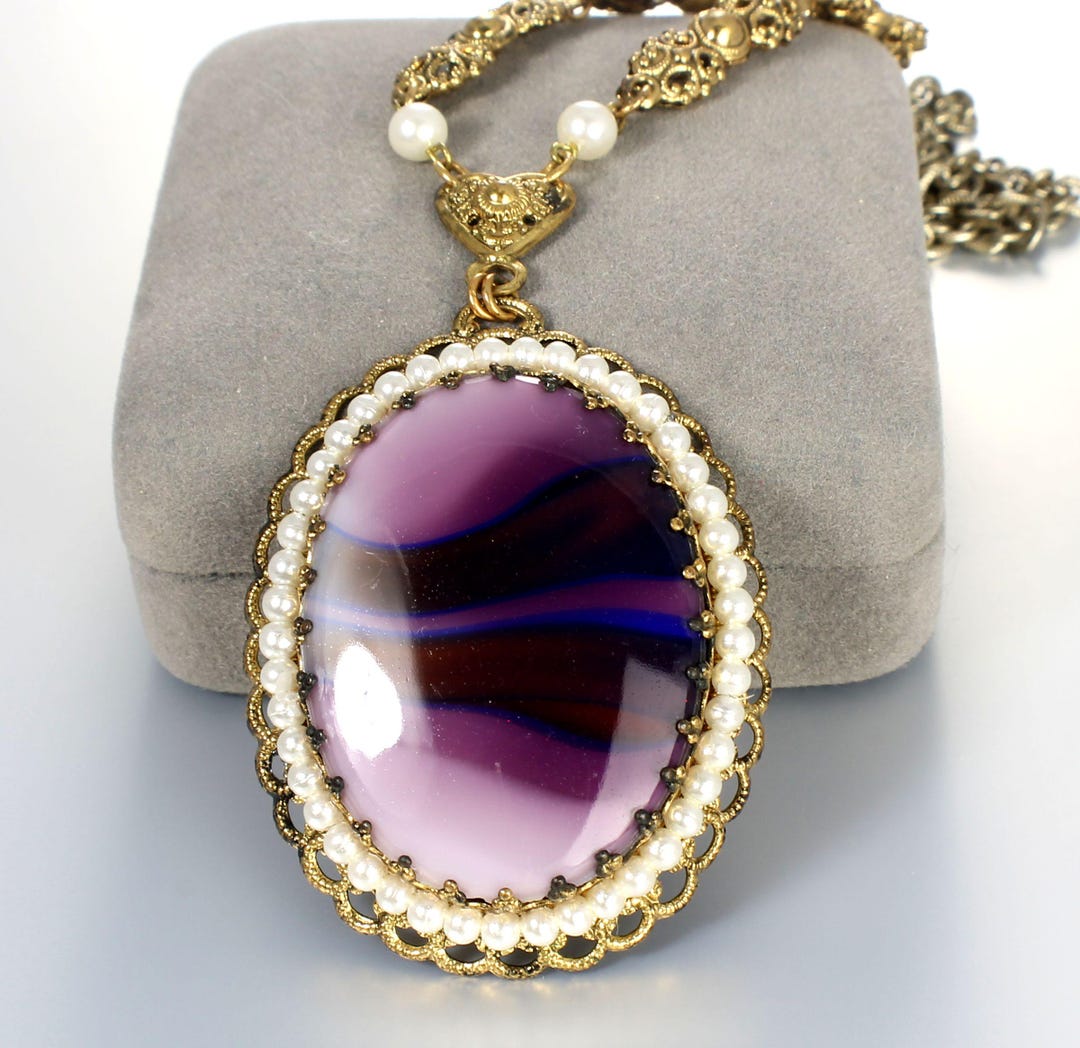 West Germany Purple Porphyr Glass Necklace, Filigree, Faux Pearls ...