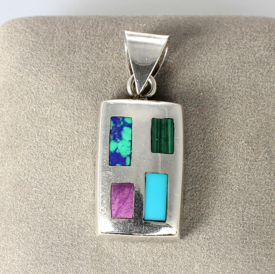 Sterling Silver Inlay Multi Stone Pendant, Rectangular, Malachite ...