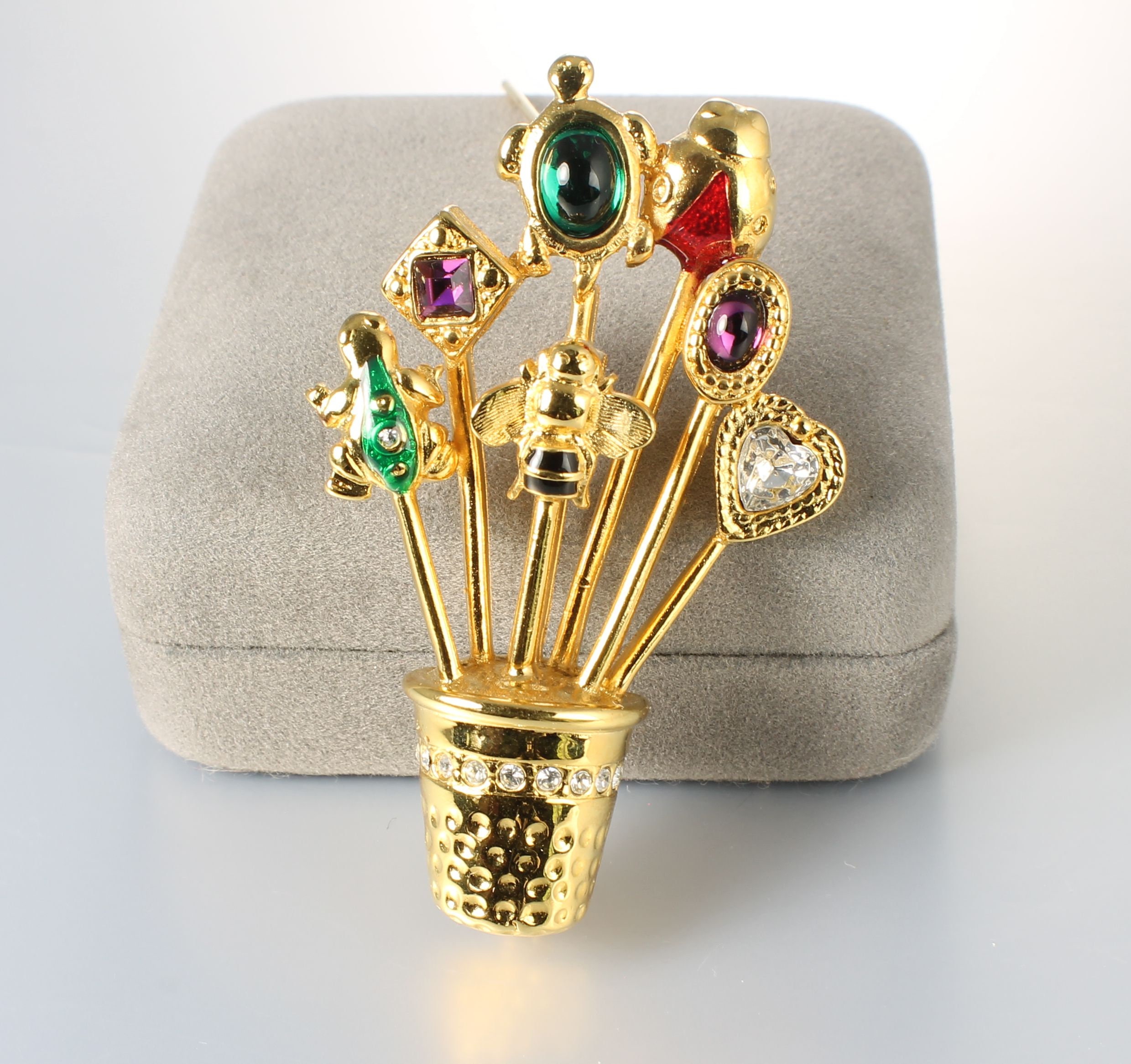 Carolee Gold Thimble Brooch, Enamel Frog Bee Turtle Ladybug Pins, 1990s ...