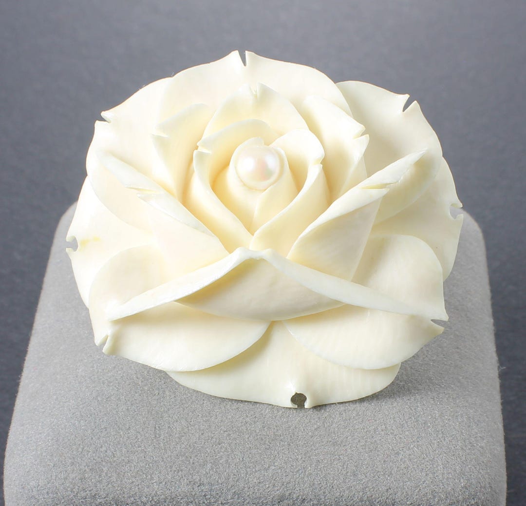 Large Carved Bone Rose Flower Brooch Pin, Natural Pearl, 1960s Jewelry ...