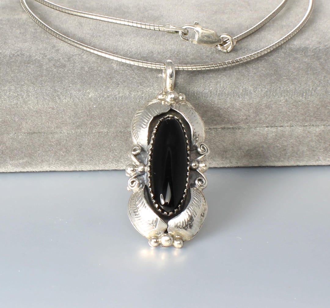 Navajo Sterling Onyx Pendant Necklace, Signed Lawrence Baca ...