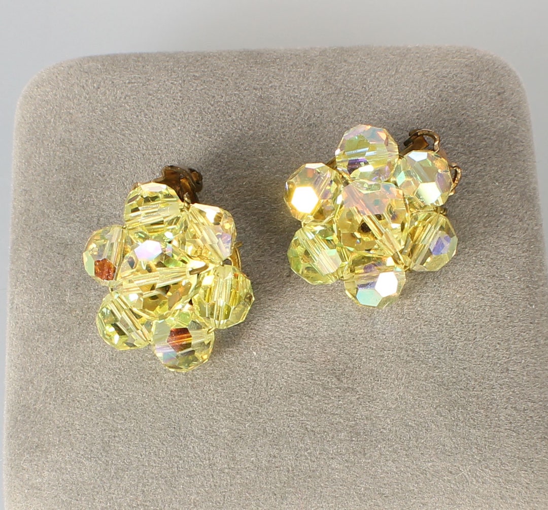 Vintage Yellow AB Crystal Cluster Earrings Aurora Borealis 1960s ...