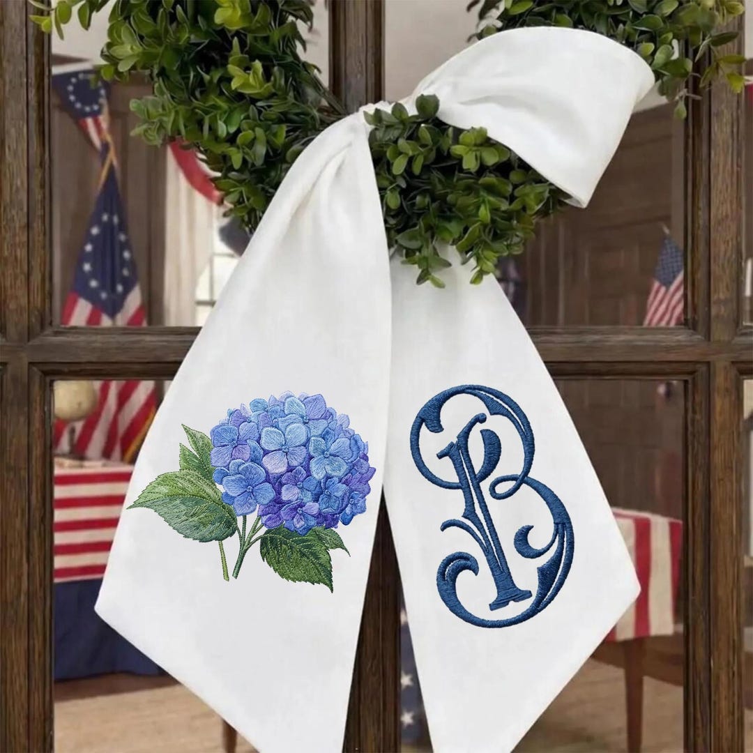 Personalized Hydrangea Wreath Sash, Embroidered Monogram Door Bow ...
