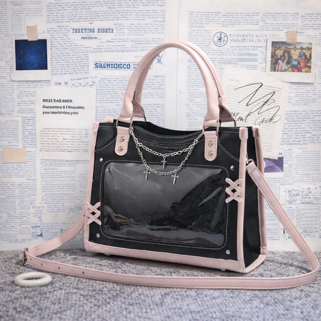 Goth Ita Bag, Black Pink Ita Tote Bag, Clear Window Pin Display Bag ...