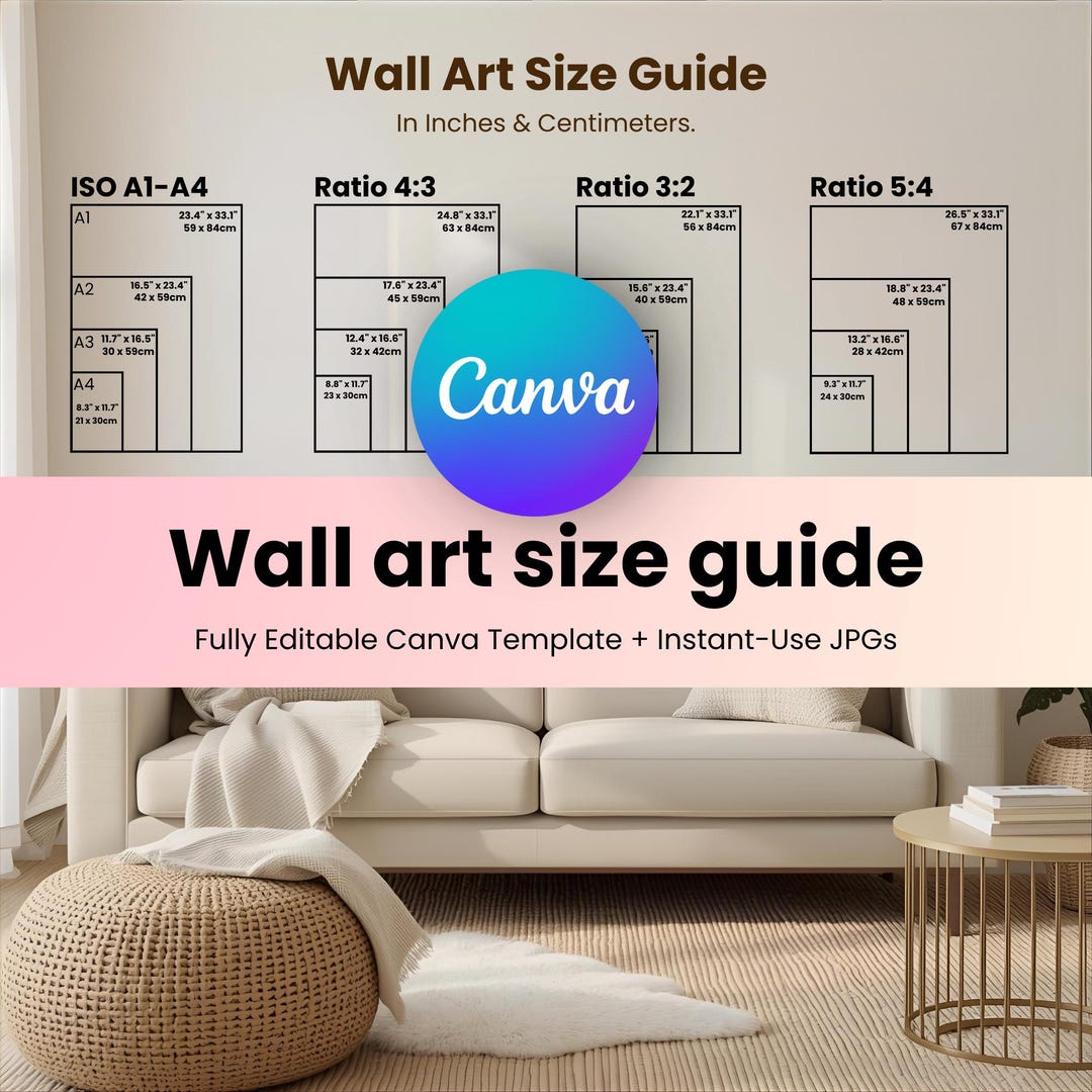 Editable Wall Art Size Guide – Warm Neutral Living Room Mockup for Etsy ...