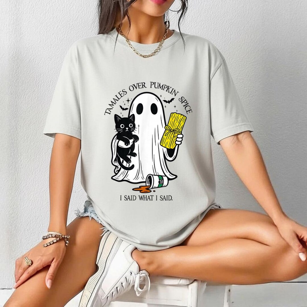 Tamales Over Pumpkin Spice PNG | Funny Ghost Cat Halloween Hoodie ...