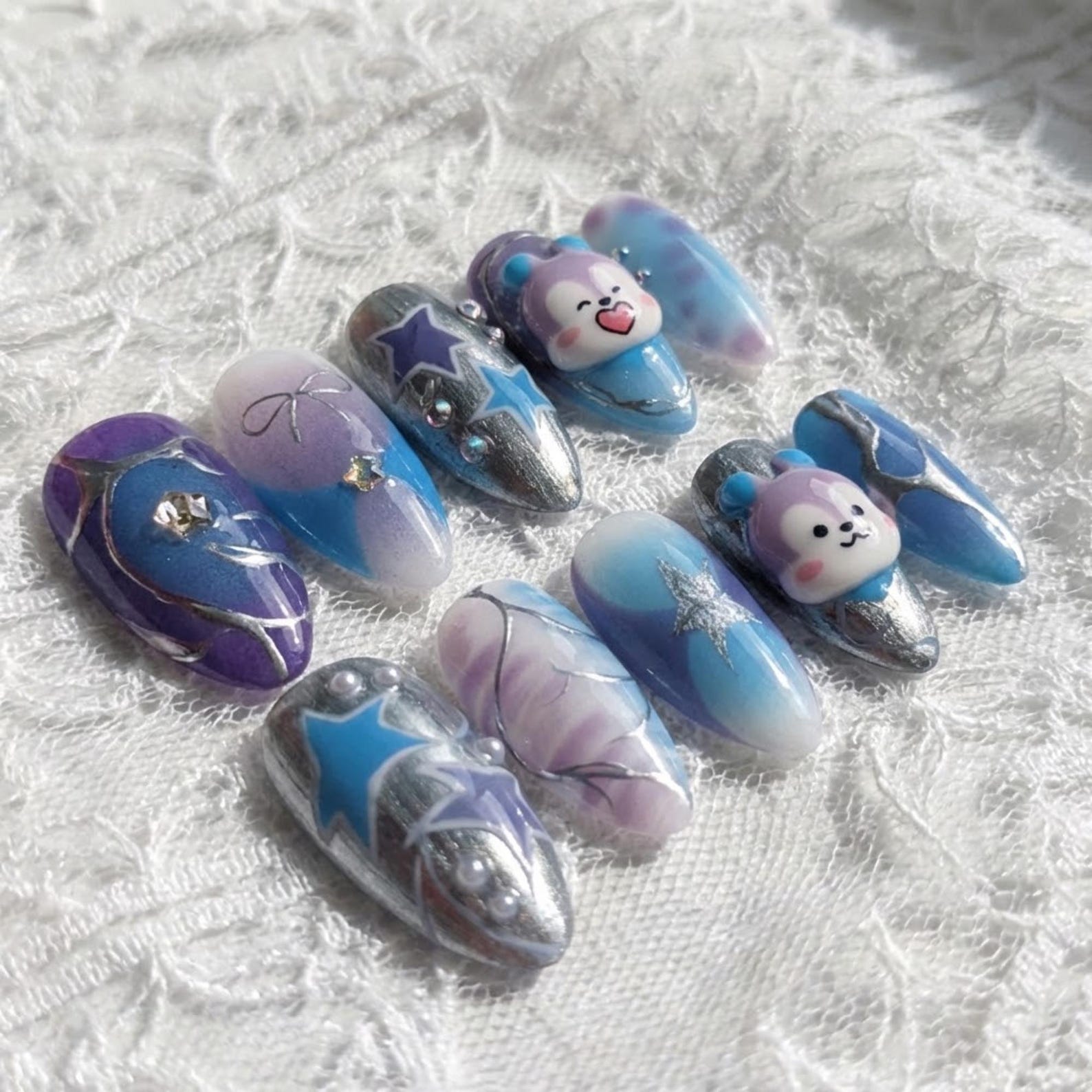Kawaii BT21 MANG Inside Face Press on Nails | ARMY Bangtan 3D Purple ...