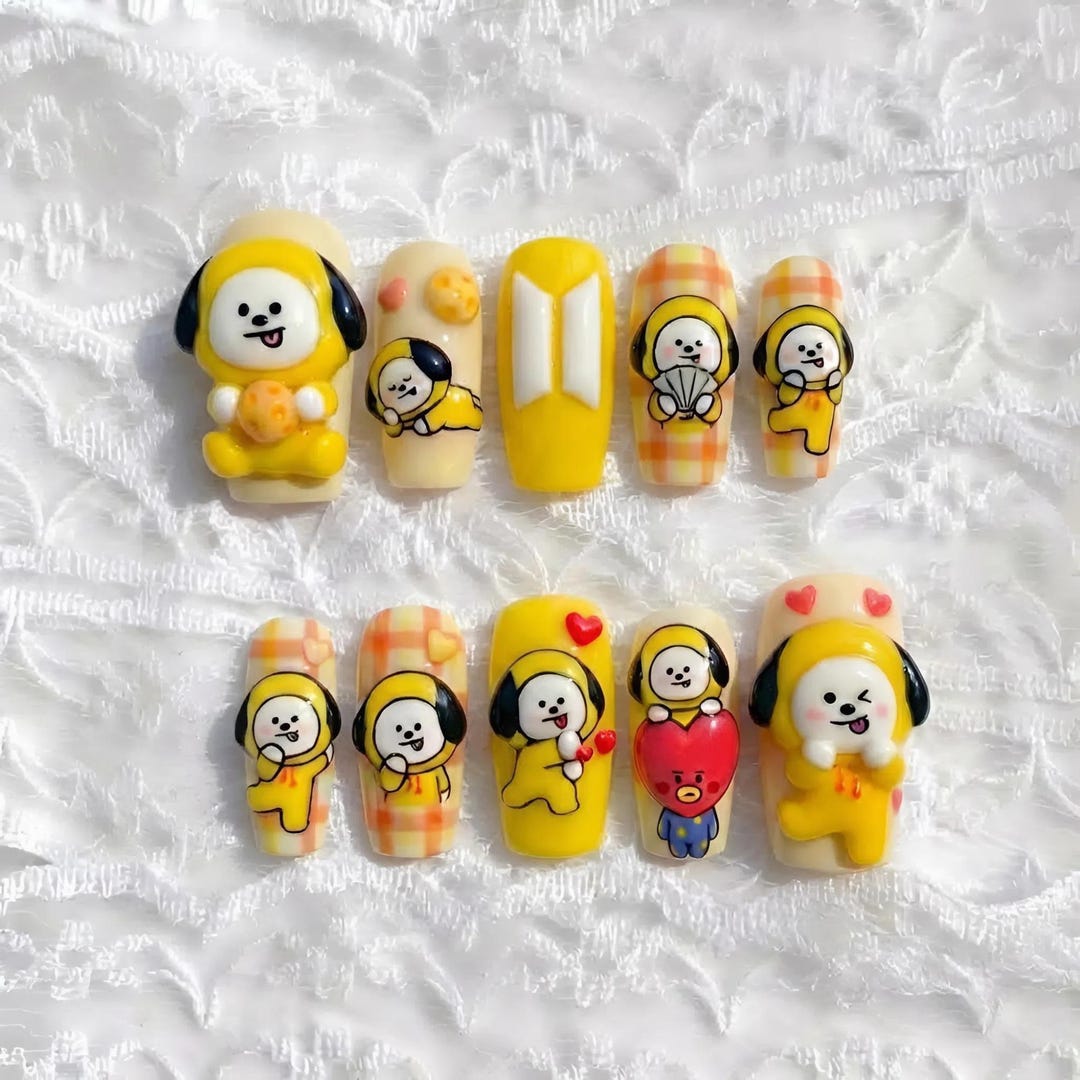 Kawaii Yellow Kpop Press on Nails | BT21 Chimmy Cartoon Fake Nails | 3D ...