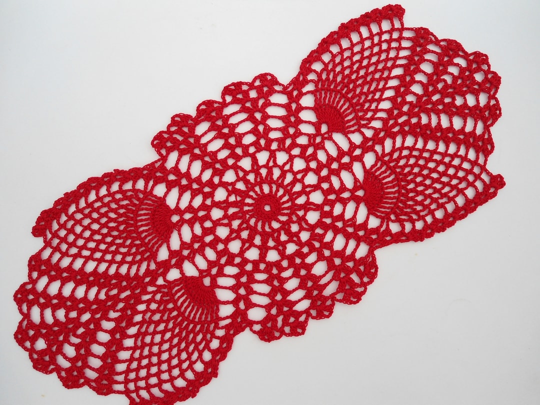Red Crochet Doily, Oval Crocheted Doily, Pineaplle Doily, Crochet ...