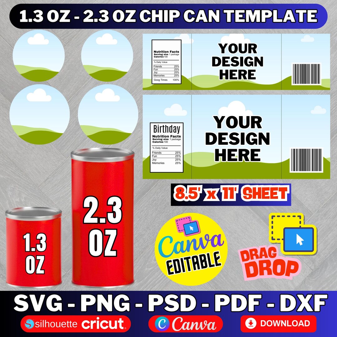 1.3oz - 2.3oz Chip Can Template Bundle, Chip Can Label Template, Potato ...