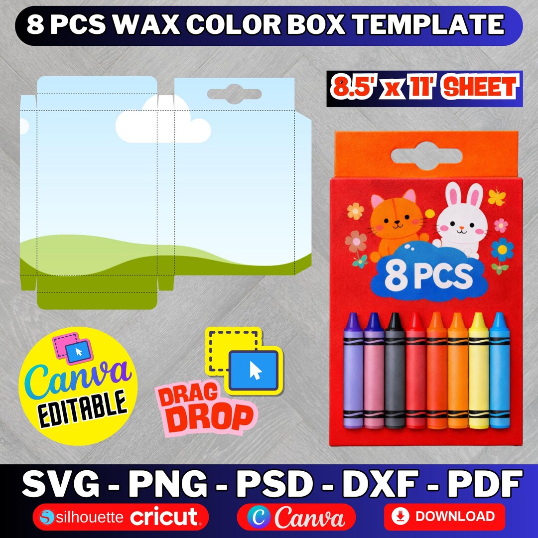 Crayon Box Template, 8pcs Wax Crayons, Party Favor (SVG, PNG, Canva ...