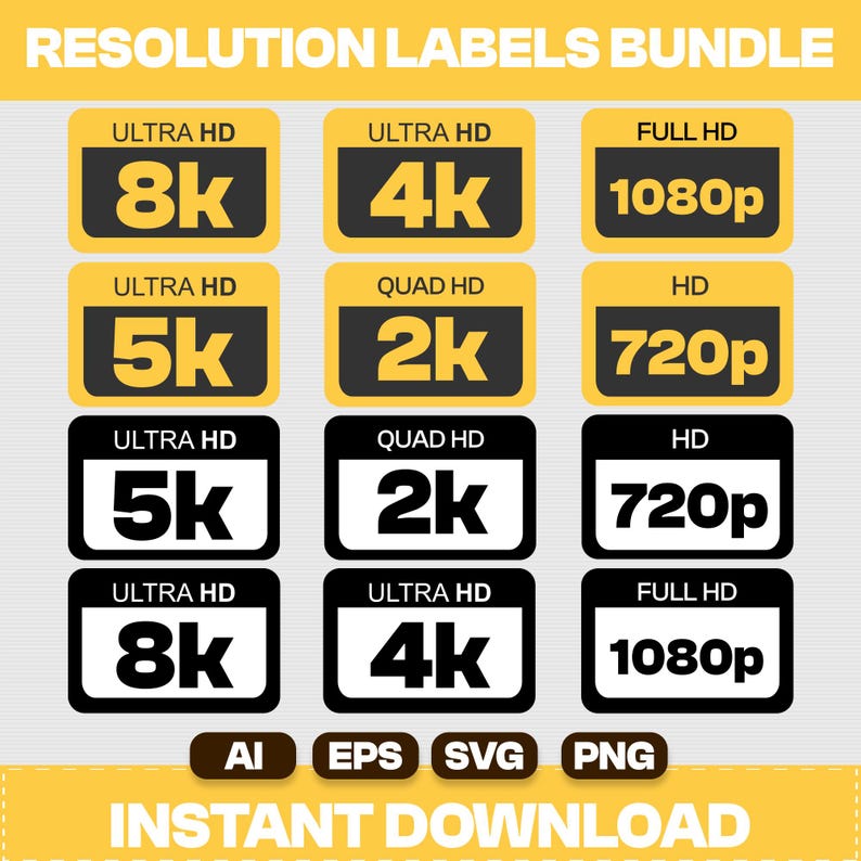 Resolution Labels Bundle | 8k 5k 4k 2k 1080p 720p Icons | Video Quality ...