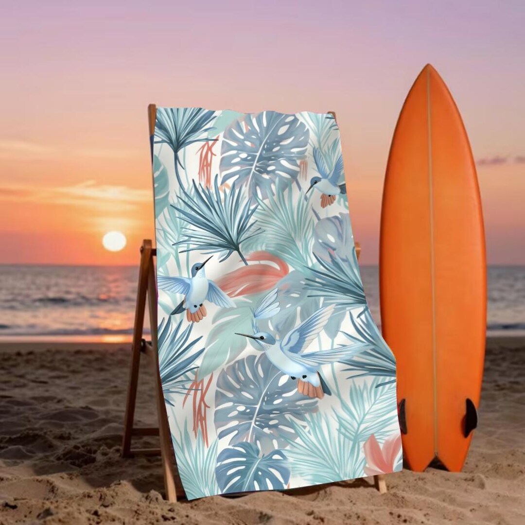 Personalized Hummingbird Tropical Leaf Microfiber Beach Towel, Summer ...
