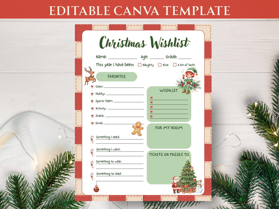 Editable Christmas Wishlist for Kids: Canva Template, Printable ...