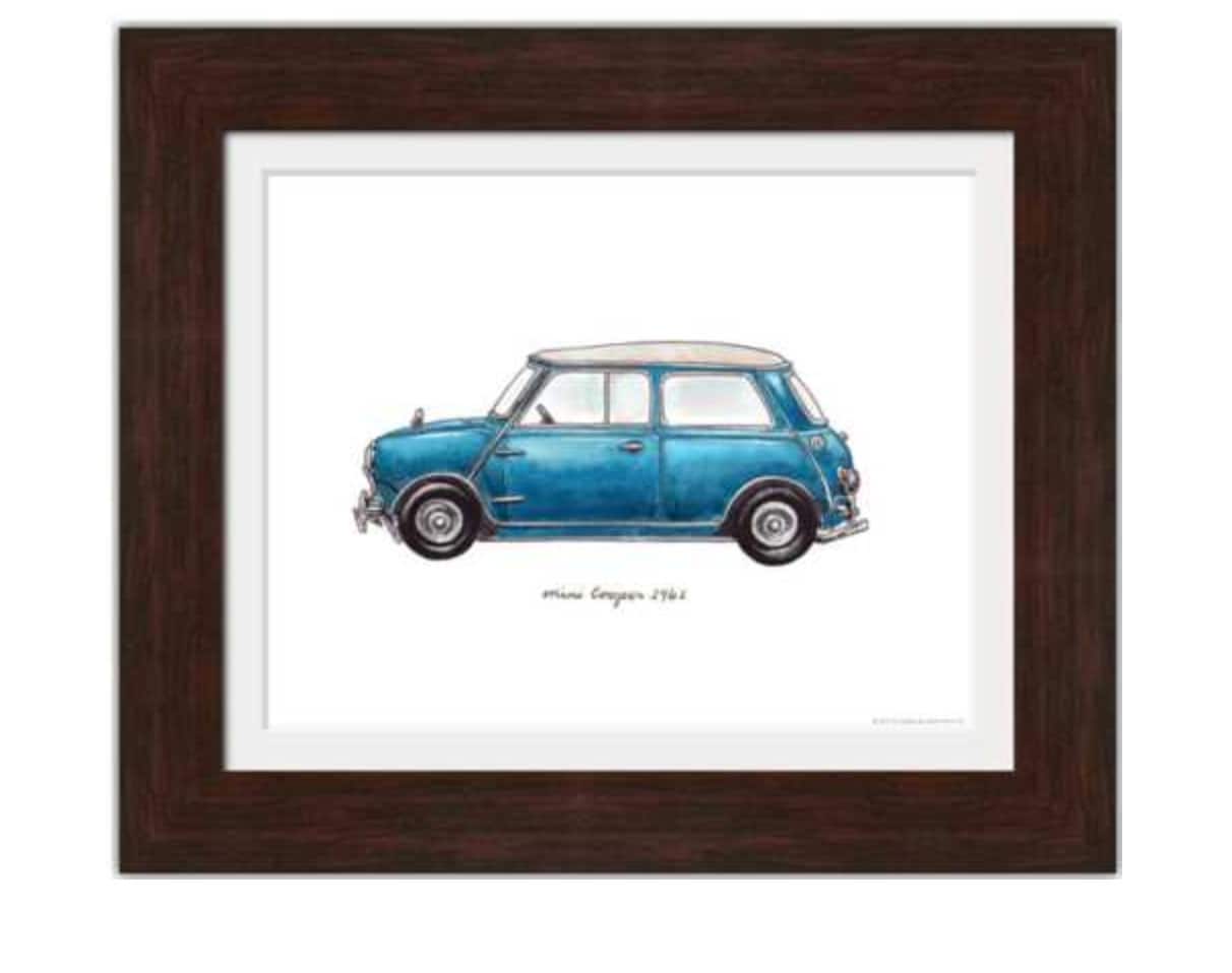 Blue Cooper Mini, Vintage Automobile Watercolor Print, 8x10" - Etsy