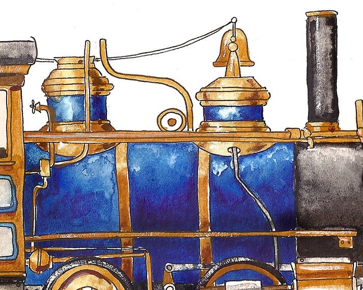 Blue Steam Engine Locomotive watercolor print 8x10 | Etsy