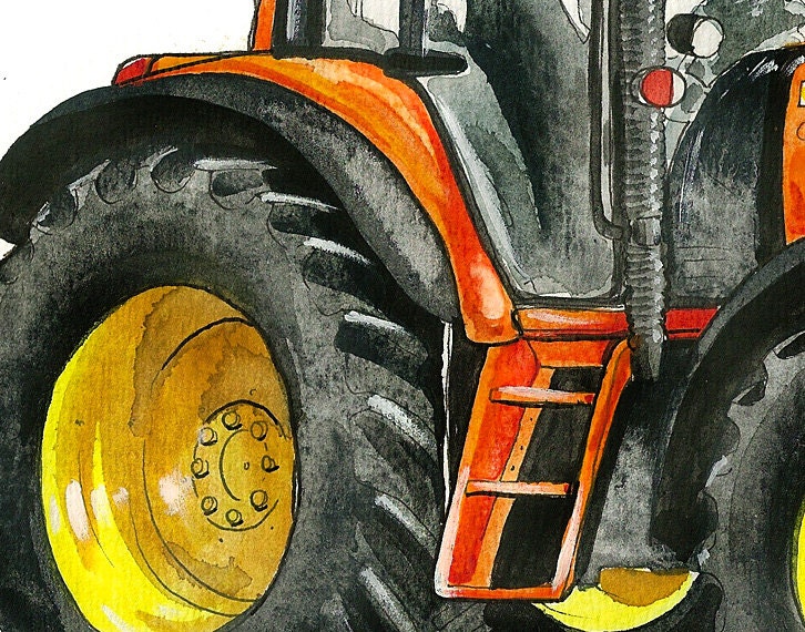 Orange Farm Tractor Heavy Duty watercolor print 8x10 | Etsy