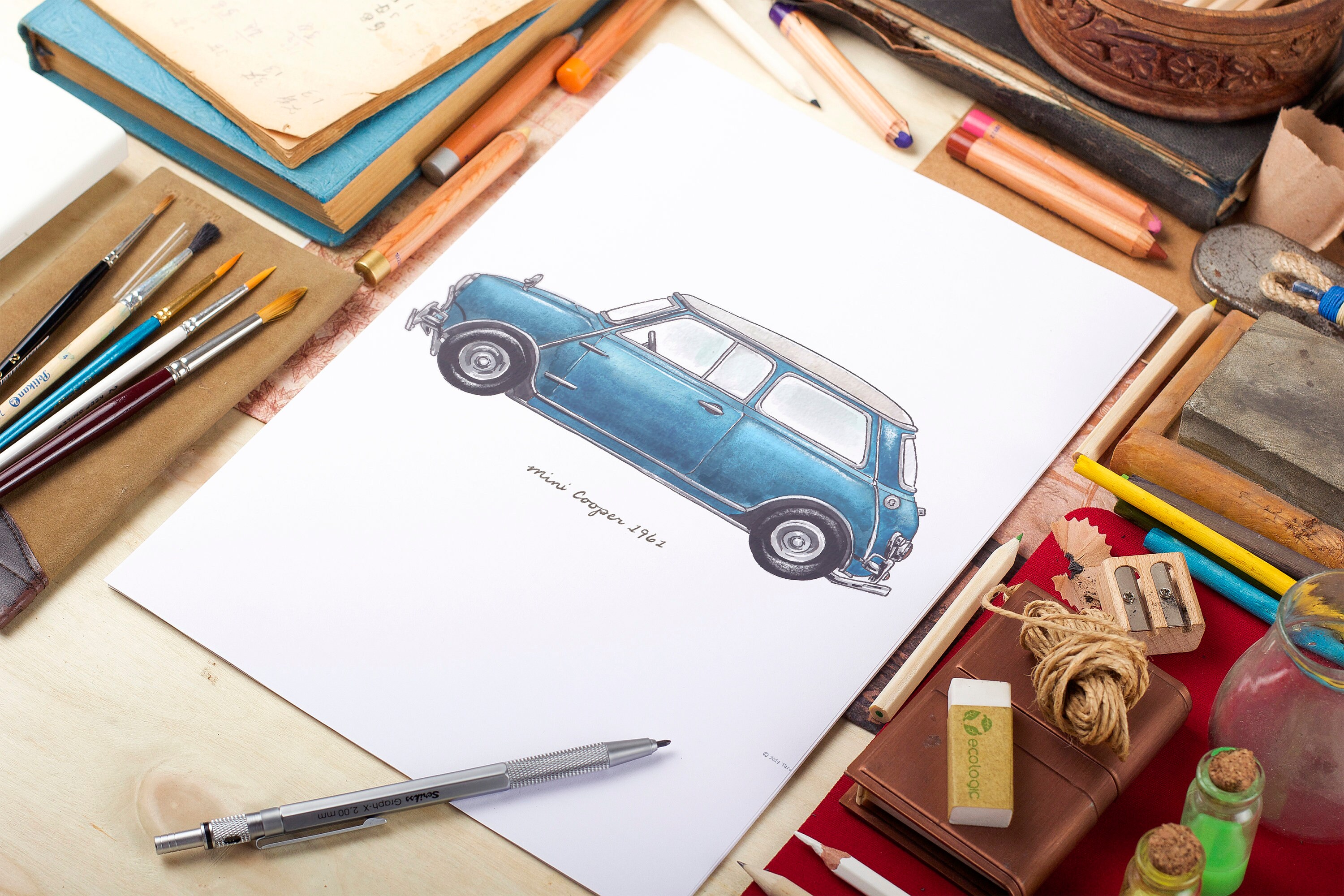 Blue Cooper Mini, Vintage Automobile Watercolor Print, 8x10" - Etsy