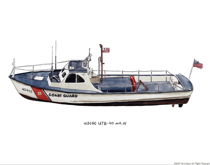 USCG 40' Utility Boat (UTB) Mk III, Coast Guard Watercolor Print, 8x10 ...