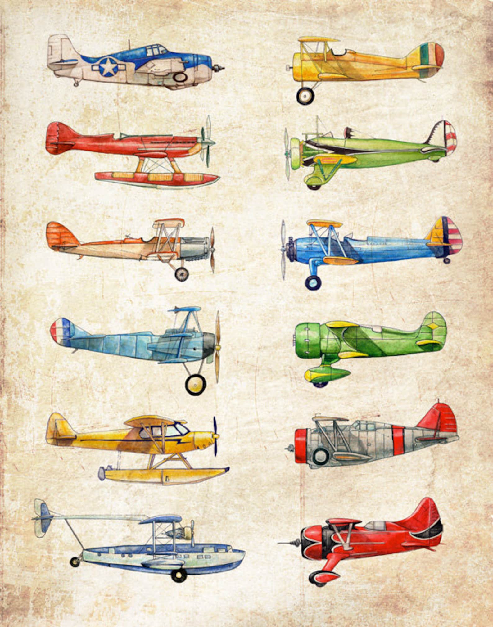 Vintage Airplane Collection Watercolor Print - Etsy