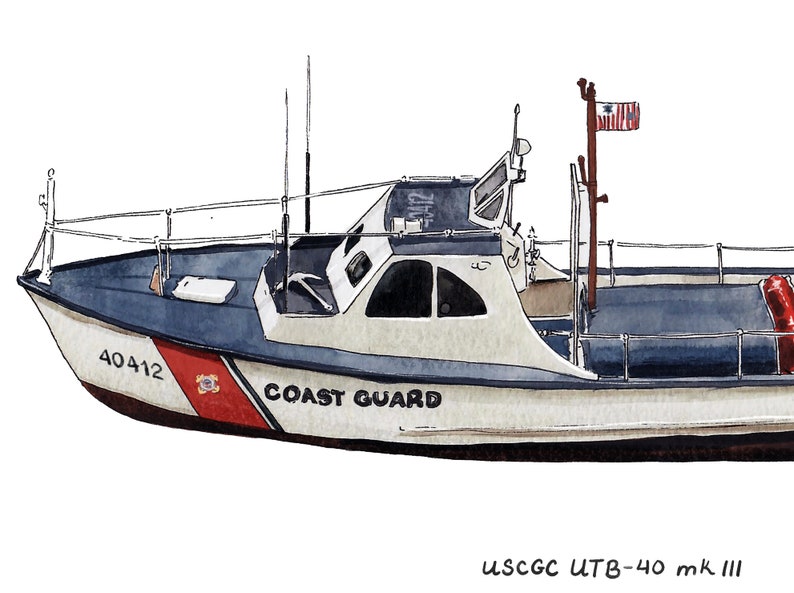 USCG 40' Utility Boat (UTB) Mk III, Coast Guard Watercolor Print, 8x10 ...