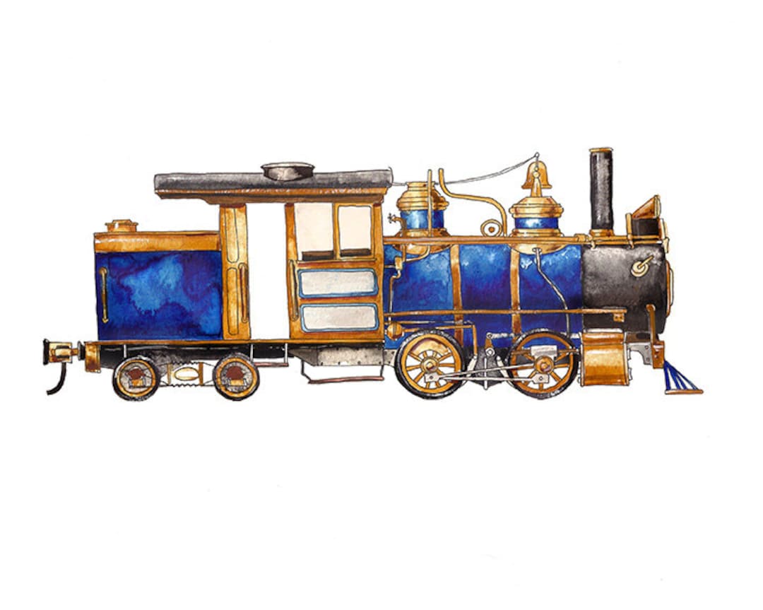 Blue Steam Engine Locomotive Watercolor Print, 8x10" - Etsy