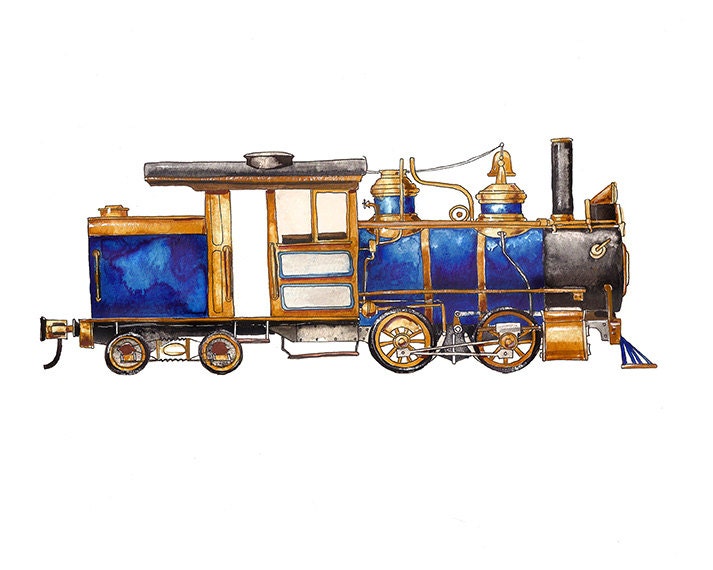 Blue Steam Engine Locomotive watercolor print 8x10 | Etsy