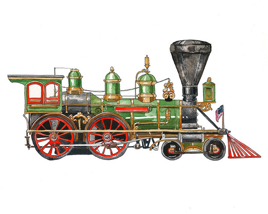 Green Steam Engine Locomotive Watercolor Print, 8x10" - Etsy