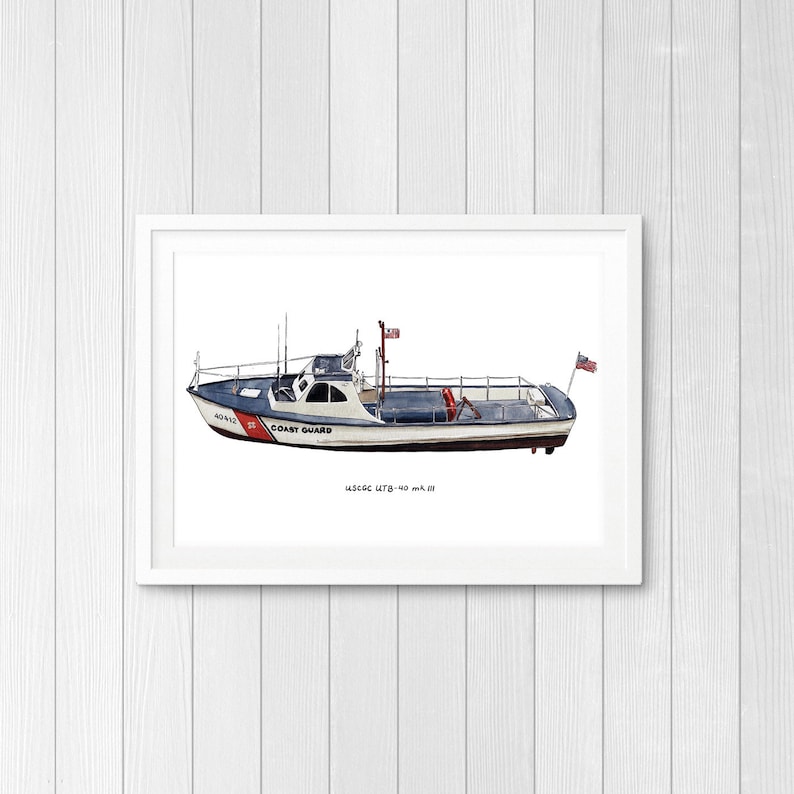 USCG 40' Utility Boat (UTB) Mk III, Coast Guard Watercolor Print, 8x10 ...