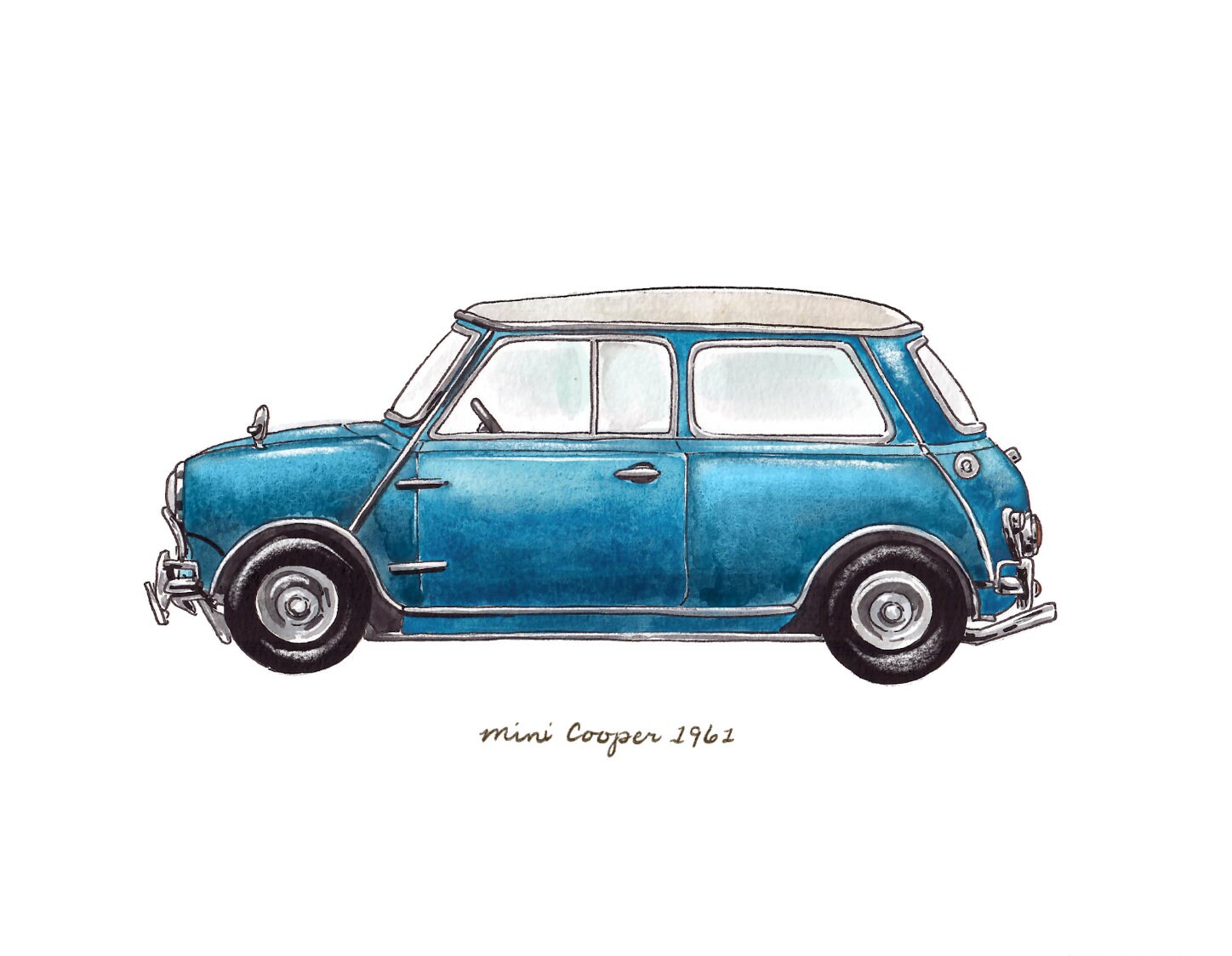 Blue Cooper Mini, Vintage Automobile Watercolor Print, 8x10" - Etsy
