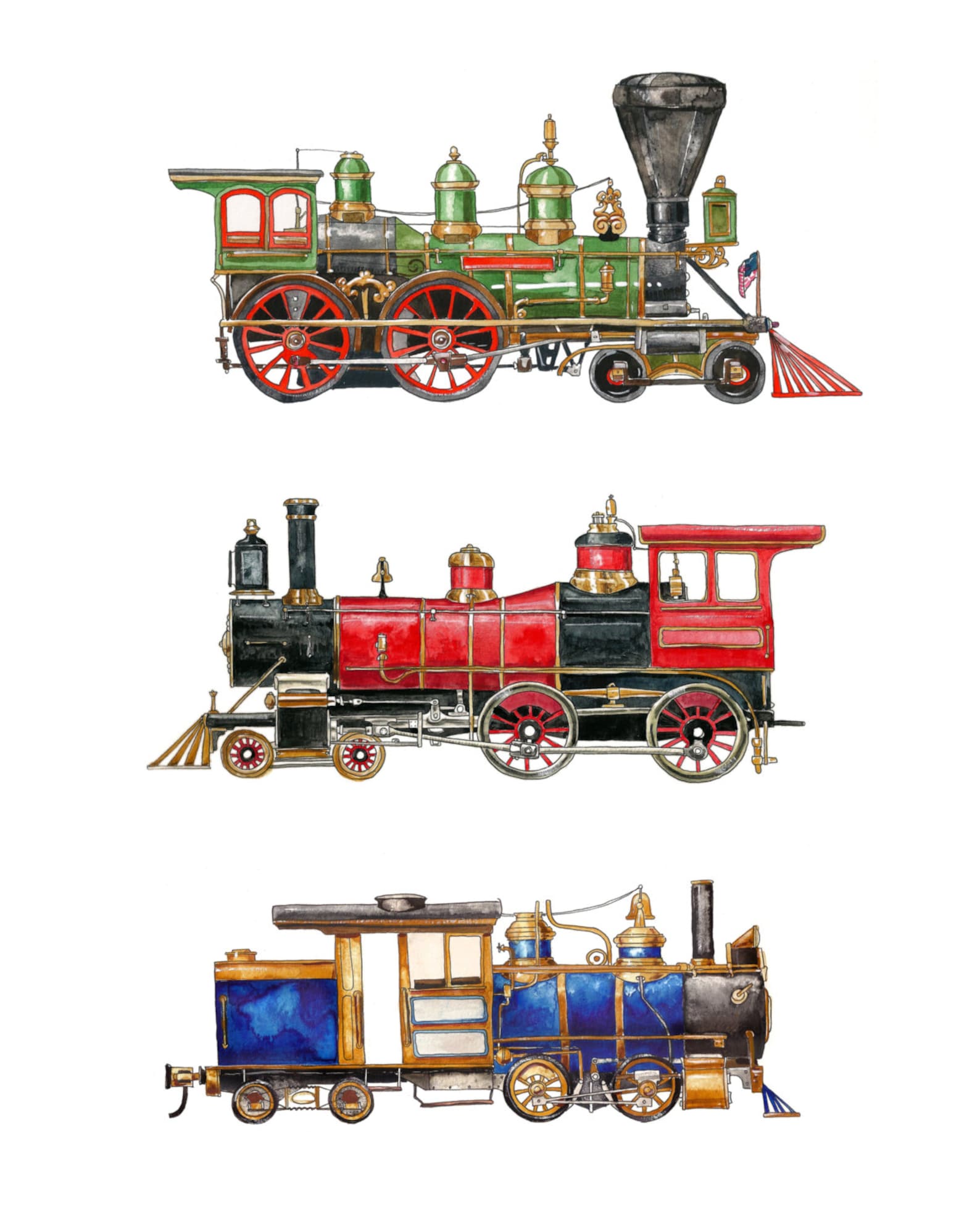 11x14 Watercolor Print Featuring Three Vintage Steam Engine Trains in ...