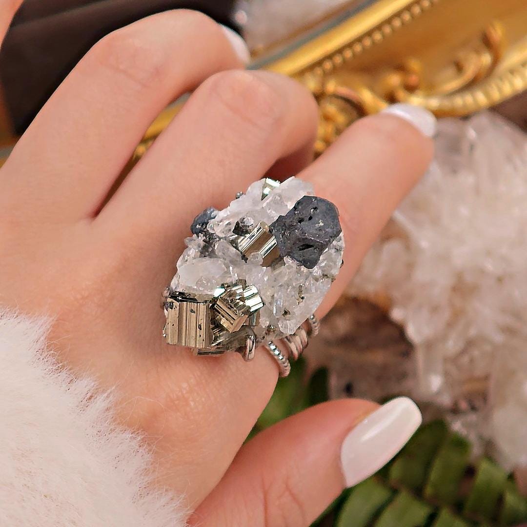 OOAK Chalcopyrite Quartz Ring, Silver Plated Copper, Adjustable Band - Etsy