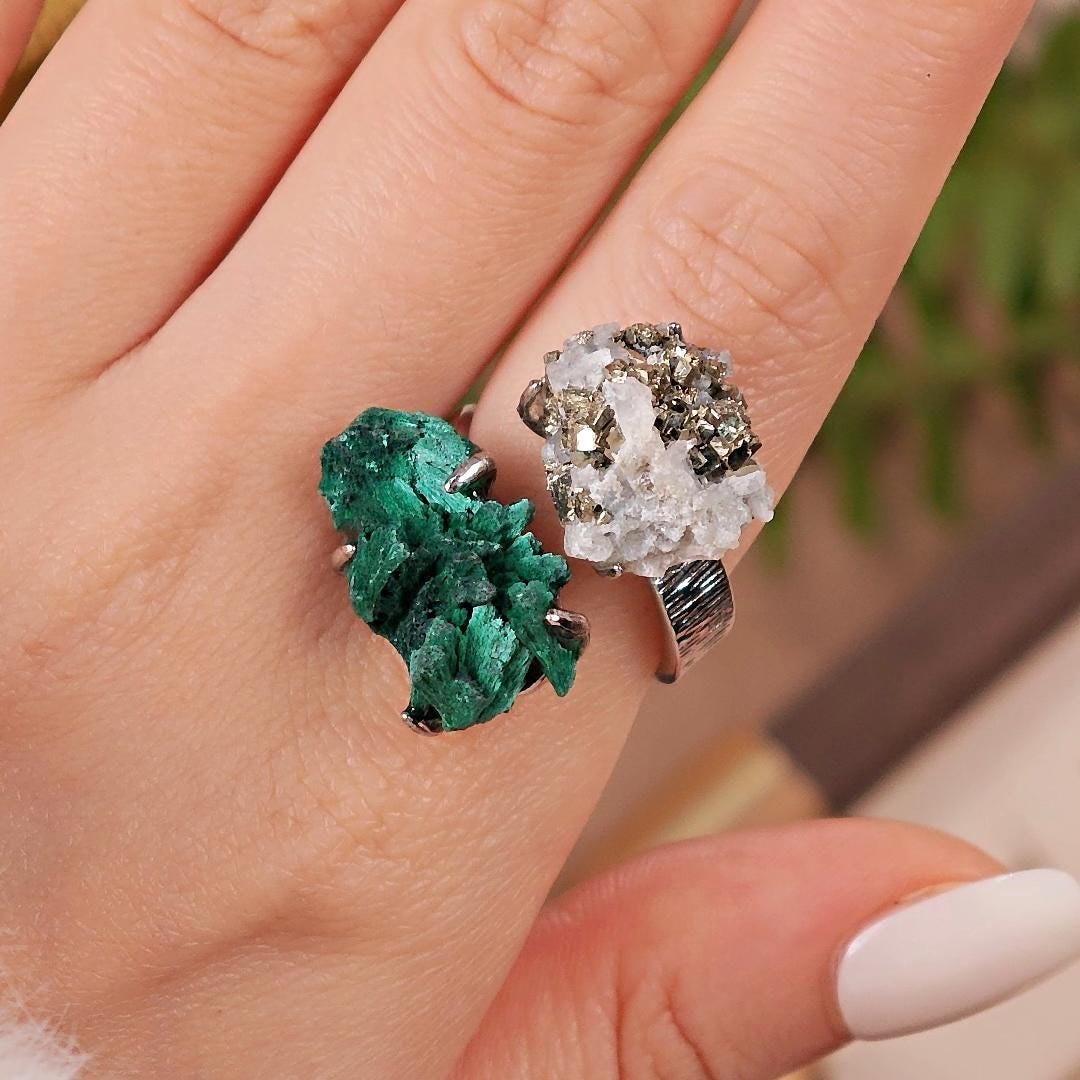 Raw Malachite&chalcopyrite Adjustable Ring – Natural Mineral Stone Ring ...