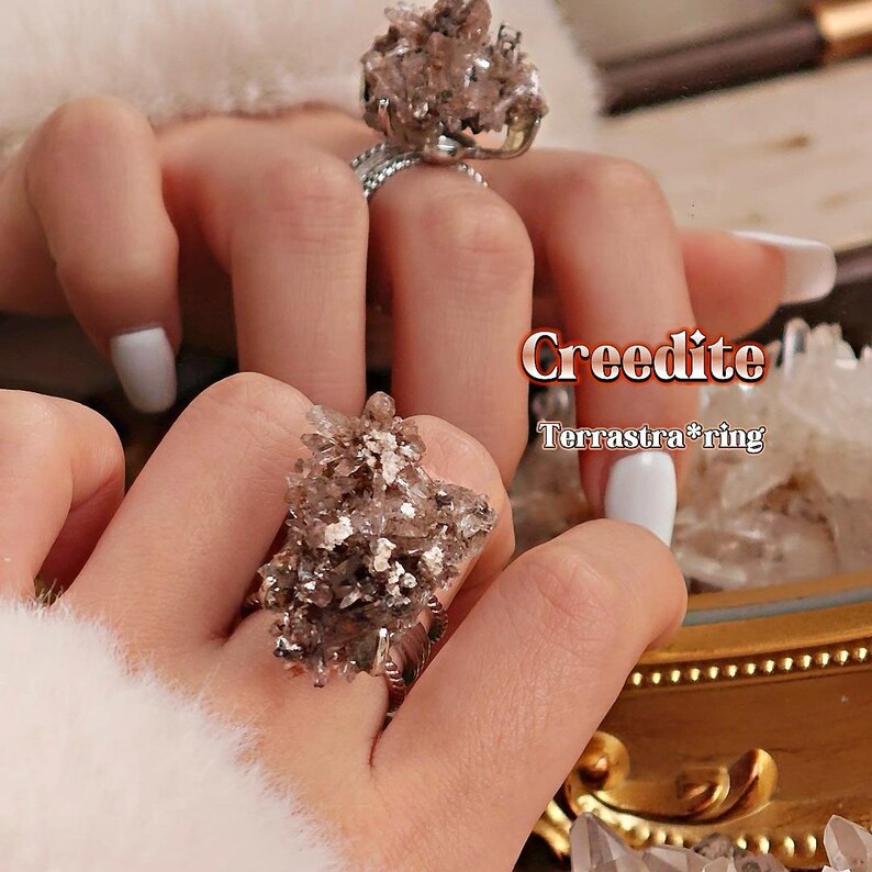 OOAK Rare Creedite Ring, Raw Spiky Cluster, Champagne Mineral, Complex ...