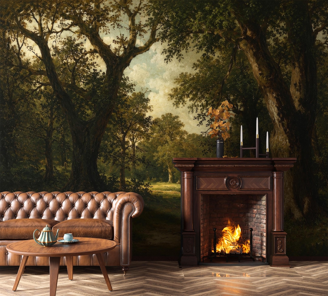 Dark Forest Mural Wallpaper Oak Tree Wall Decor Moody Landscape