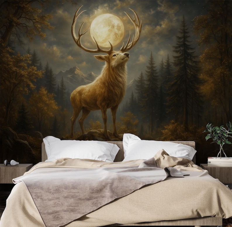 Wallpaper Landscape With Deer, Full Moon and Forest Wallpaper for ...