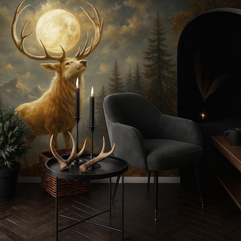 Wallpaper Landscape With Deer, Full Moon and Forest Wallpaper for ...