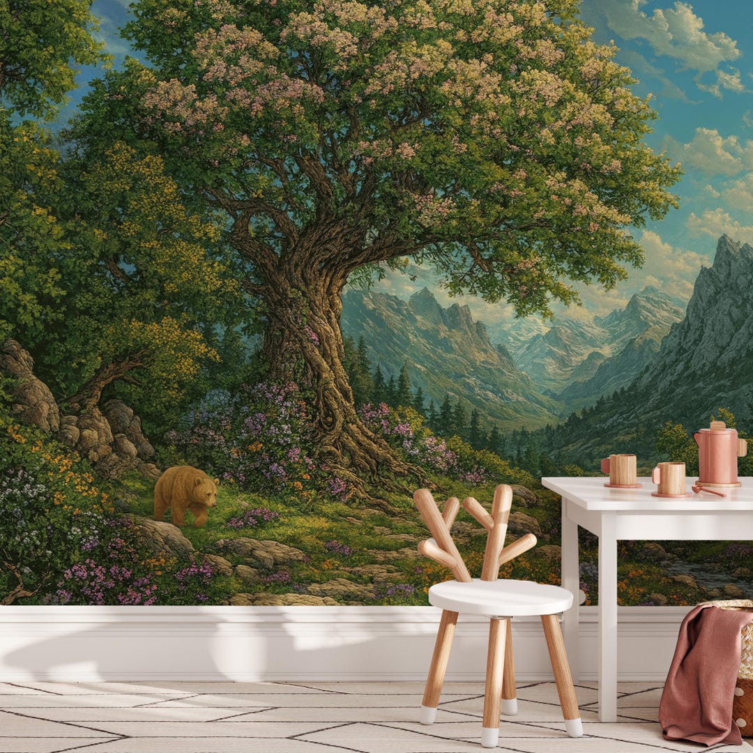 Woodland Tree Wallpaper Mural, Forest Landscape Wallpaper With Bear ...