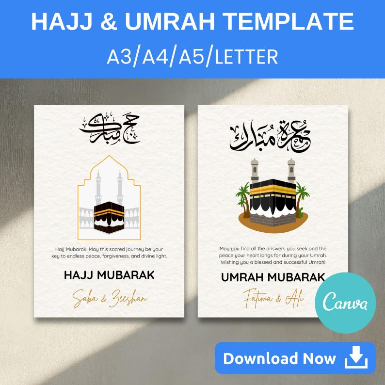 Hajj Mubarak & Umrah Mubarak Card | Editable Canva Template (digital ...
