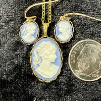 Cameo Pendant and Emerald Color Stud Earrings - Etsy