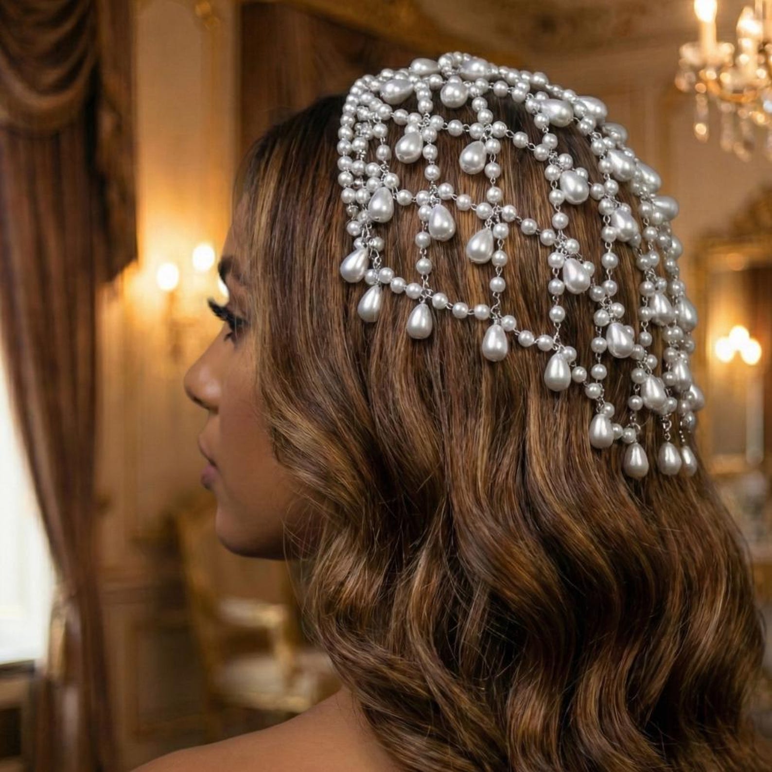 Silver and Gold Pearl Bridal Headband, Wedding Hair Drape, Bridal ...