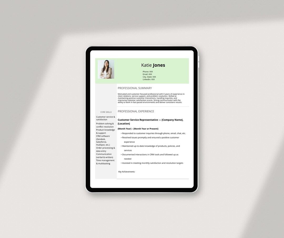 Customer Service Resume Template – Ats-friendly, Green CV (word) - Etsy