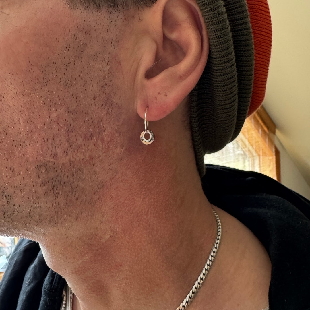 Mens Hoop Earring Silver Ear Hoop Round Charm Sterling Silver Gold Fill ...