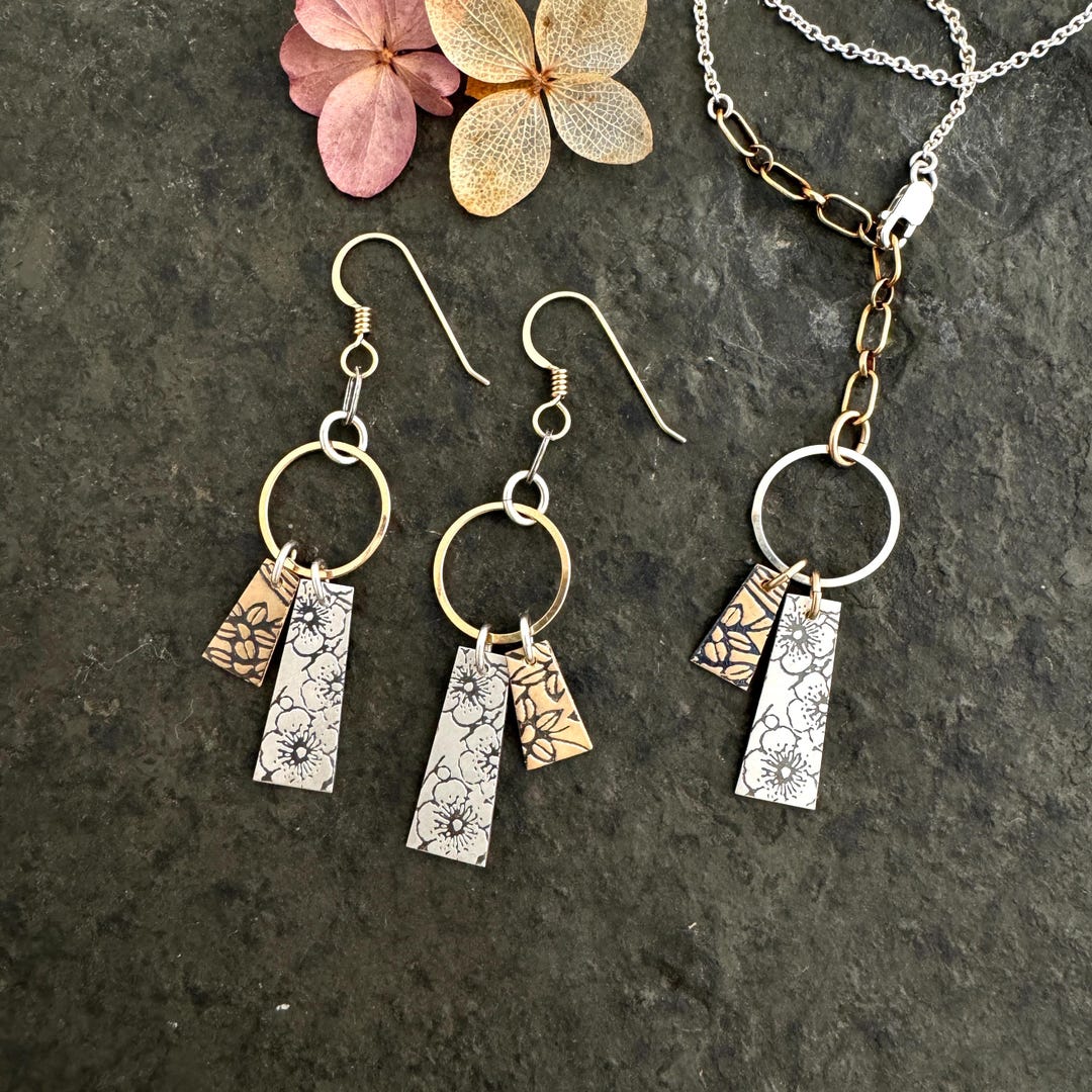 Cherry Blossom Earrings ~ Necklace ~ Mixed Metal Charm ~ Long Two Tone ...