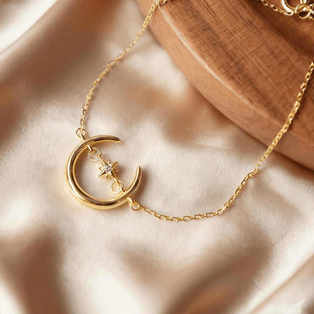 Gold Crescent Moon and Star Bracelet, Sterling Silver Celestial Jewelry ...