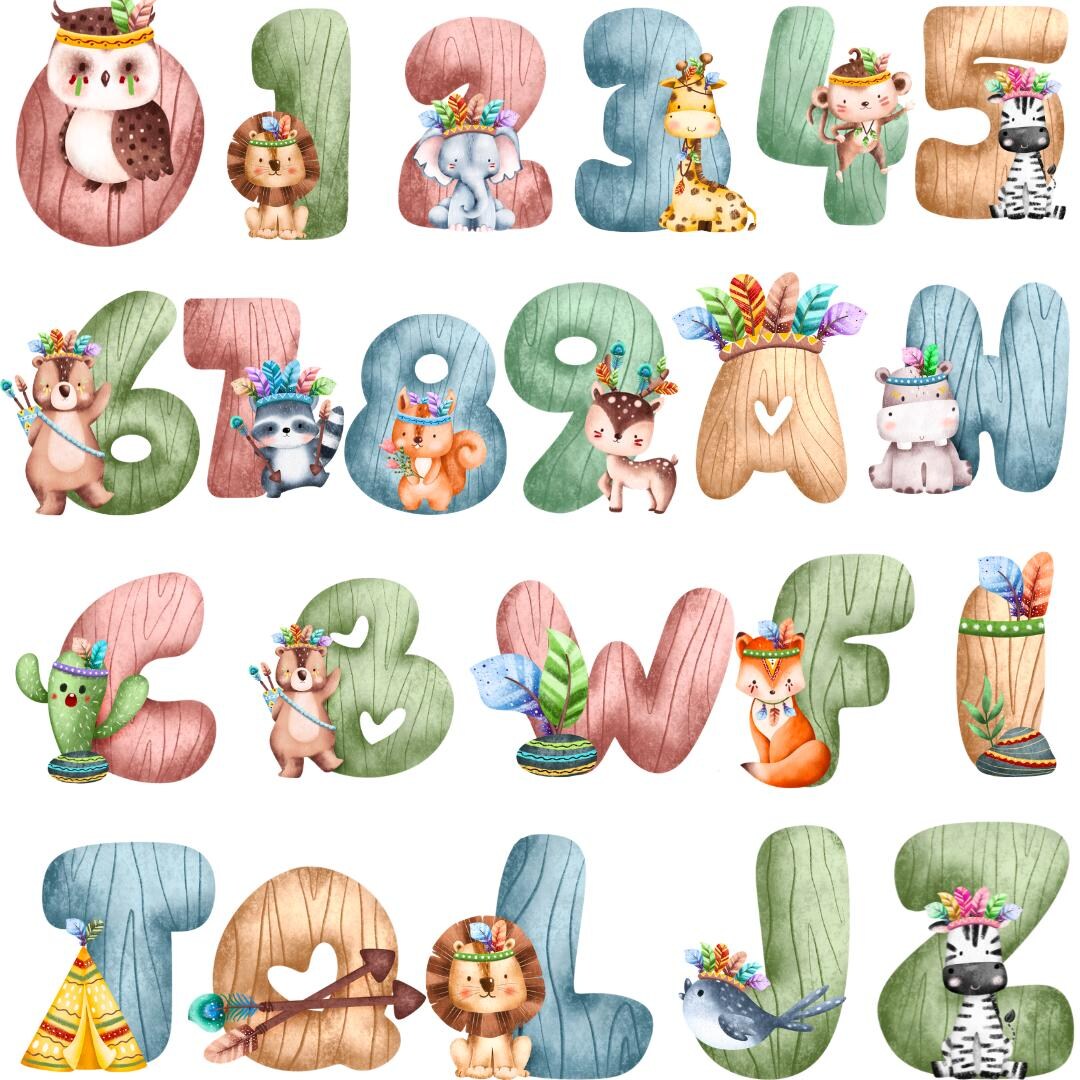 Jungle Animal Alphabet Letters PNG, Doodle Numbers, Boho Tribal Font ...